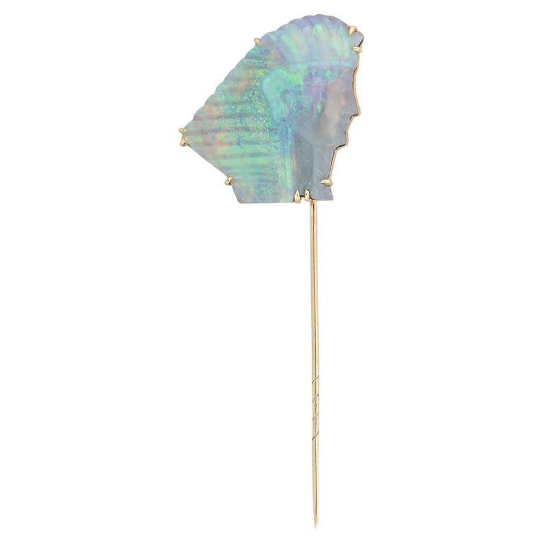 Edwardian 18kt + Carved Opal Pharaoh Stick Pin For Sale at 1stDibs