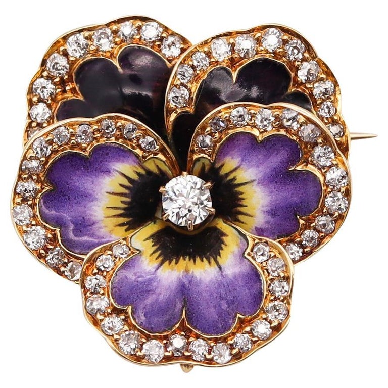 Edwardian 1905 Art Nouveau Pansy Flower Enamel Pendant Brooch 18Kt Gold Diamonds For Sale at 1stDibs