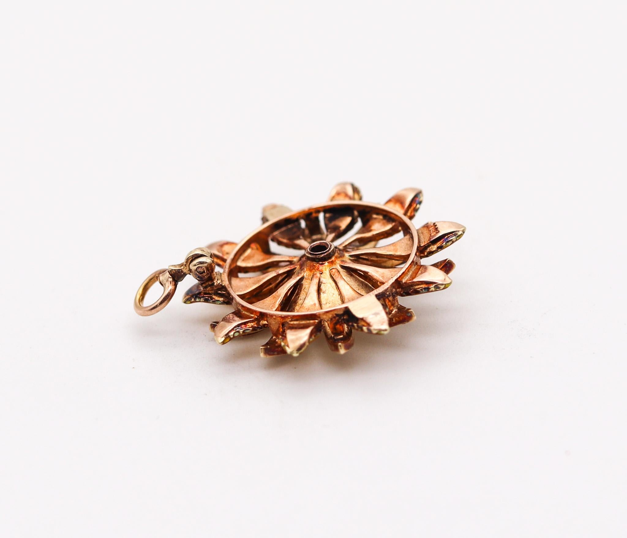 Edwardian 1908 Enameled Flower Pendant Brooch 14kt Gold with Diamond and Pearls For Sale at 1stDibs