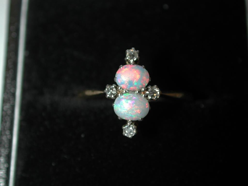 Edwardian 2 Opal 4 Diamond Ring Mounted in 18ct Gold and Platinum ...