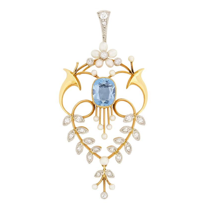 Edwardian 2.00ct Blue Zircon, Diamond and Pearl Pendant, c.1910s For ...