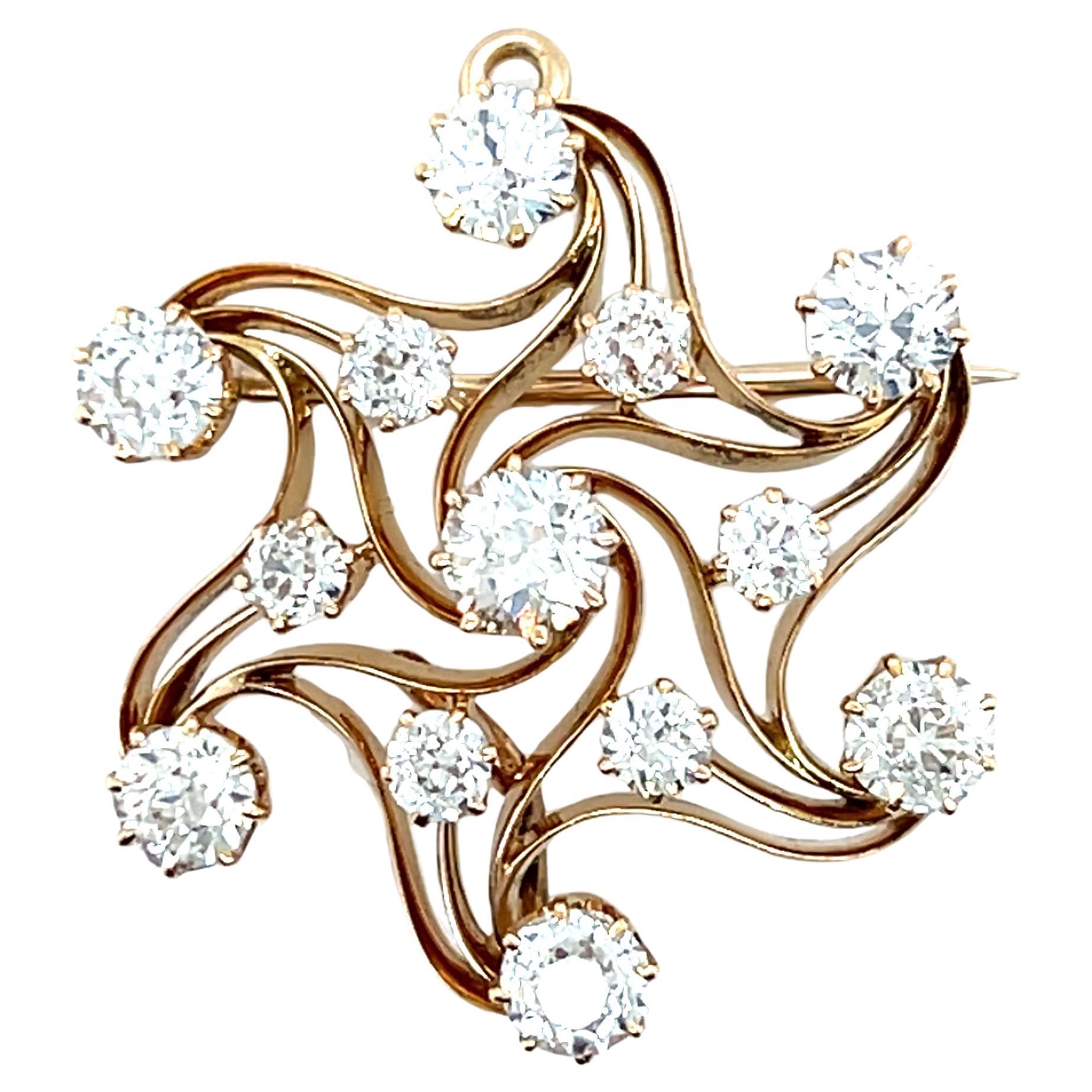 Edwardian 3.00 tcw European Cut Diamond and 14k Yellow Gold Brooch ...