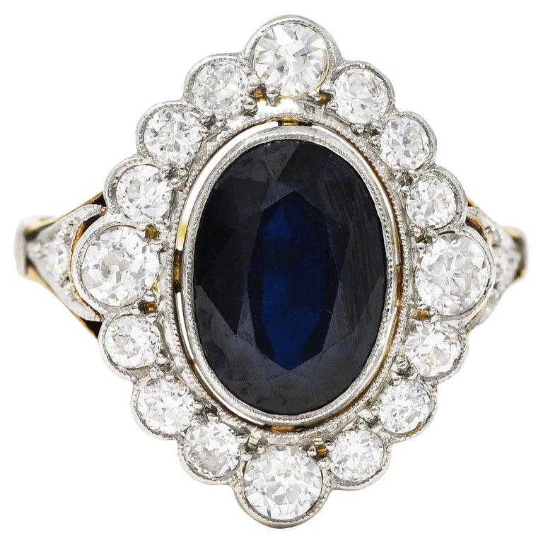 Edwardian 3.60 Carats Sapphire European Cut Diamond Platinum 18 Karat ...