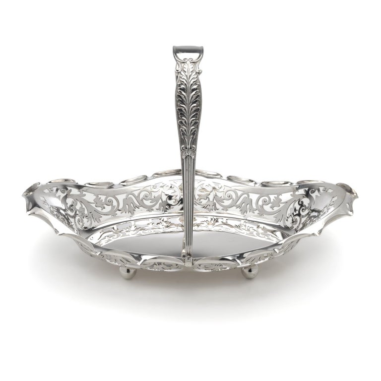 Edwardian 925 Sterling Silver Pierced Open-Work Bread Basket with Swing ...
