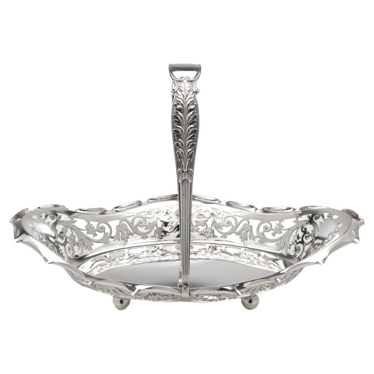 Edwardian 925 Sterling Silver Pierced Open-Work Bread Basket with Swing ...