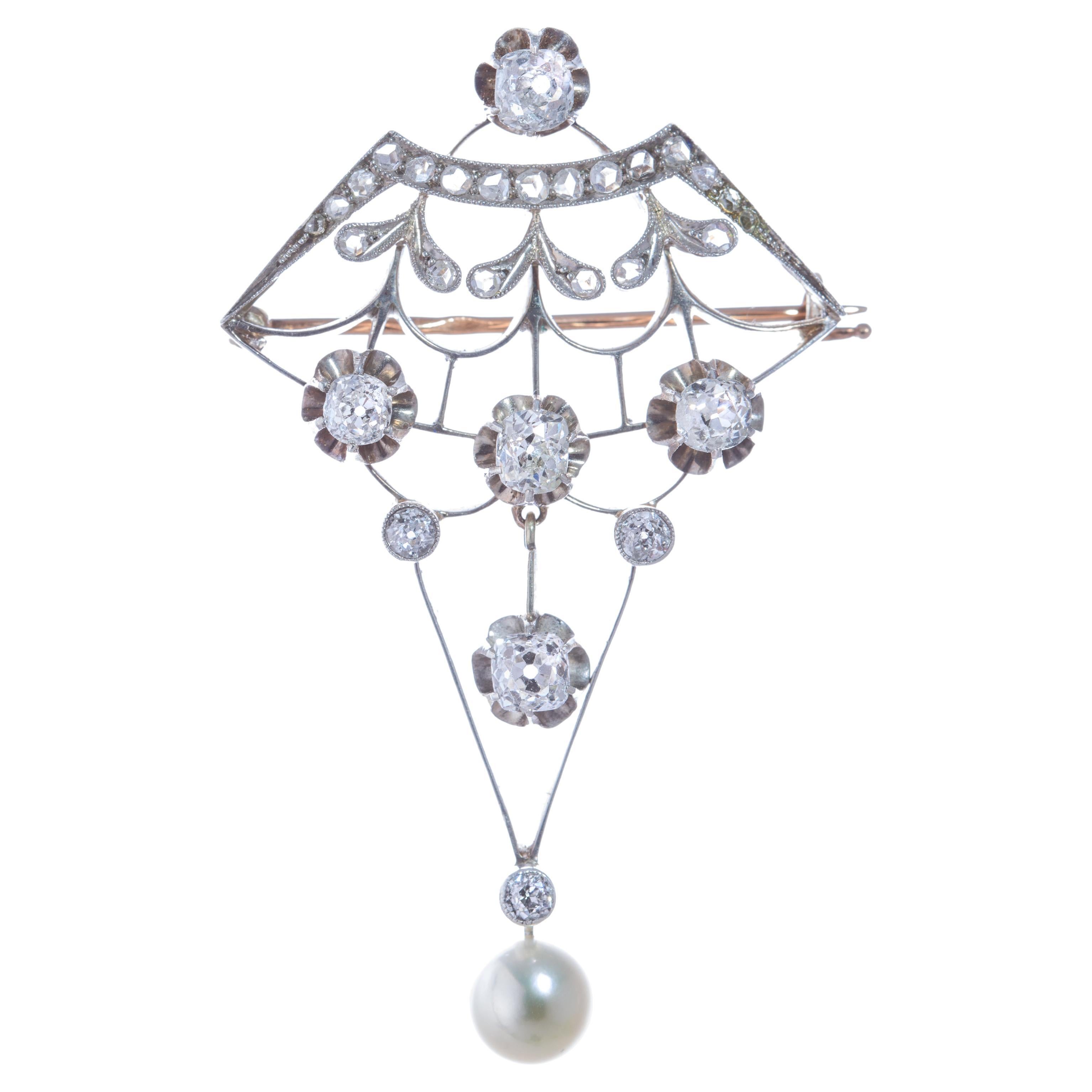 Edwardian Antique Diamond and Saltwater Pearl Brooch For Sale at 1stDibs