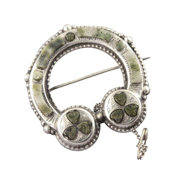 Edwardian Antique Irish Clover Connemara Marble Sterling Silver Brooch ...