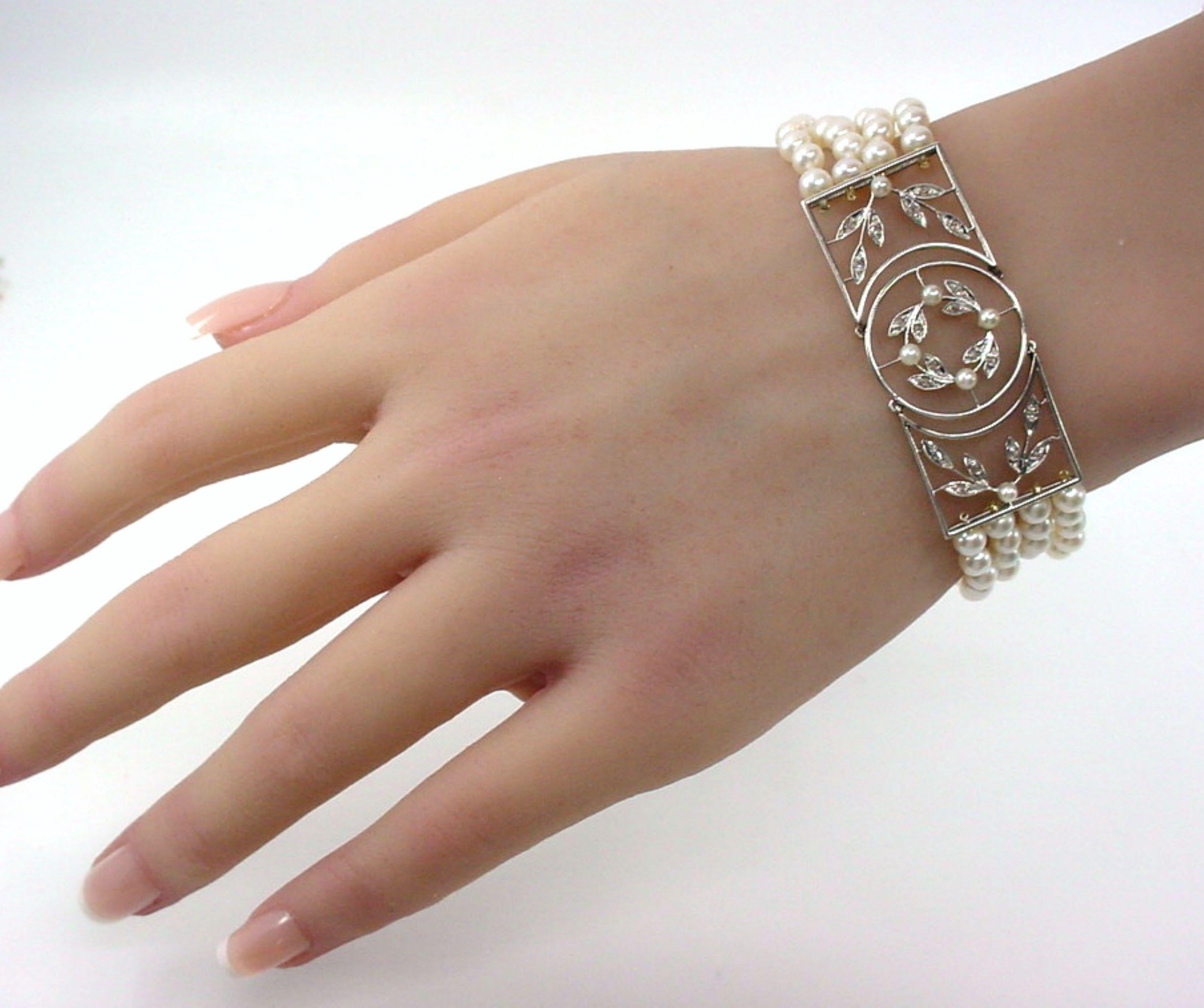 Edwardian Antique Platinum-Topped Gold Cultured Pearl Diamond Bracelet ...