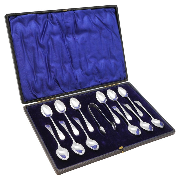 Edwardian Antique Sterling Silver Tea Spoons and Tongs, Sheffield, 1903 ...