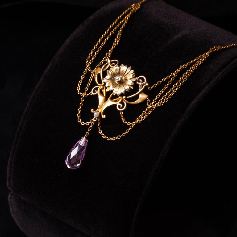 Edwardian Art Nouveau 14K Amethyst and Natural Pearl Necklace, Circa ...