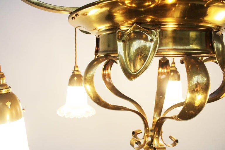 Edwardian Arts and Crafts Brass Five Branch Electrolier Ceiling Light ...
