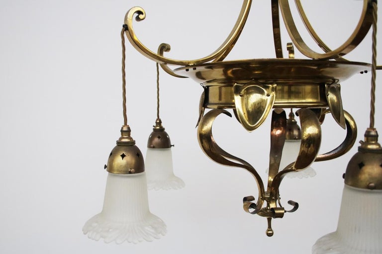 Edwardian Arts and Crafts Brass Five Branch Electrolier Ceiling Light ...