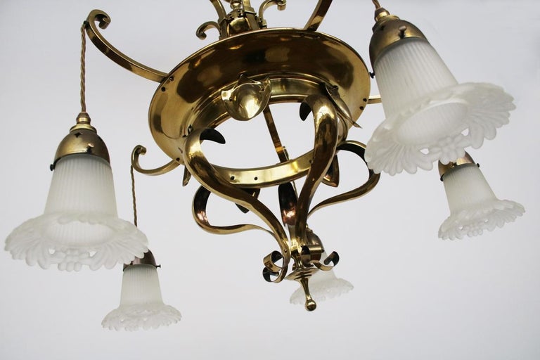 Edwardian Arts and Crafts Brass Five Branch Electrolier Ceiling Light ...