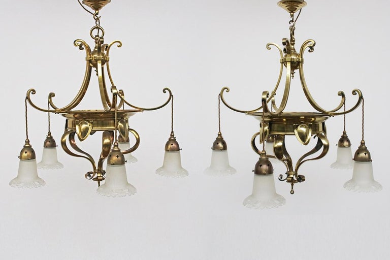 Edwardian Arts and Crafts Brass Five Branch Electrolier Ceiling Light ...