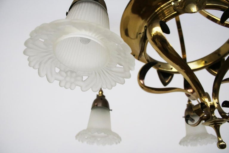Edwardian Arts and Crafts Brass Five Branch Electrolier Ceiling Light ...