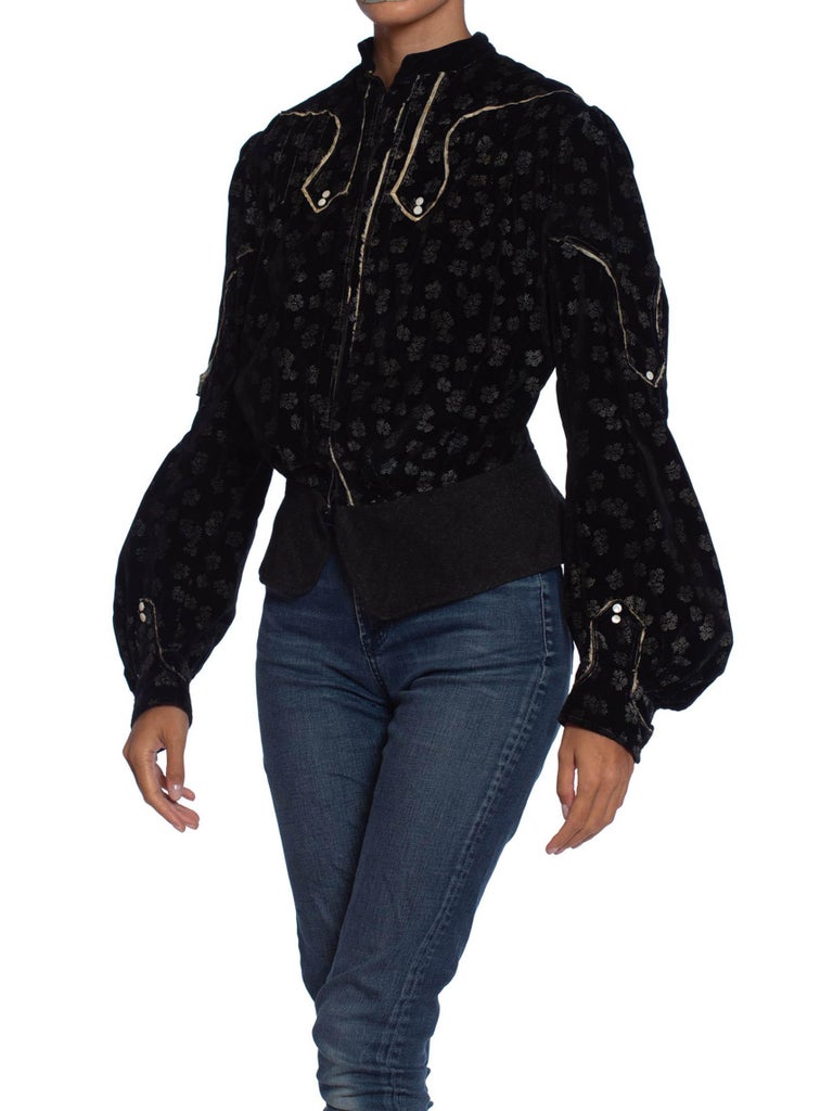 Edwardian Black Printed Silk Blend Velvet Jacket Top With Piping For ...