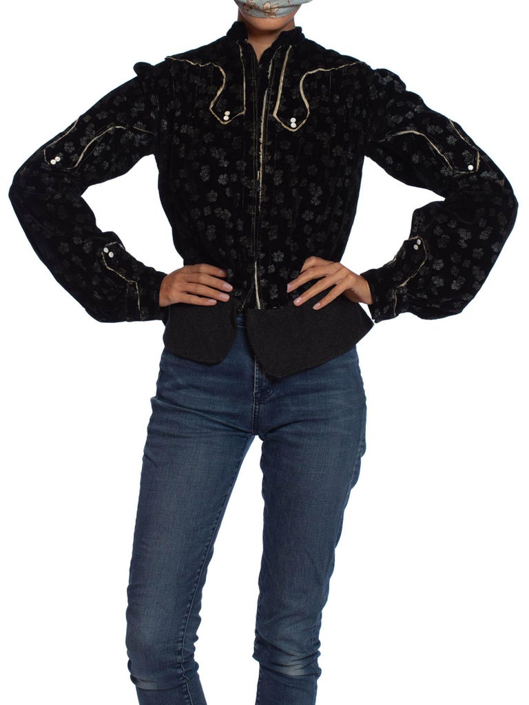 Edwardian Black Printed Silk Blend Velvet Jacket Top With Piping For ...