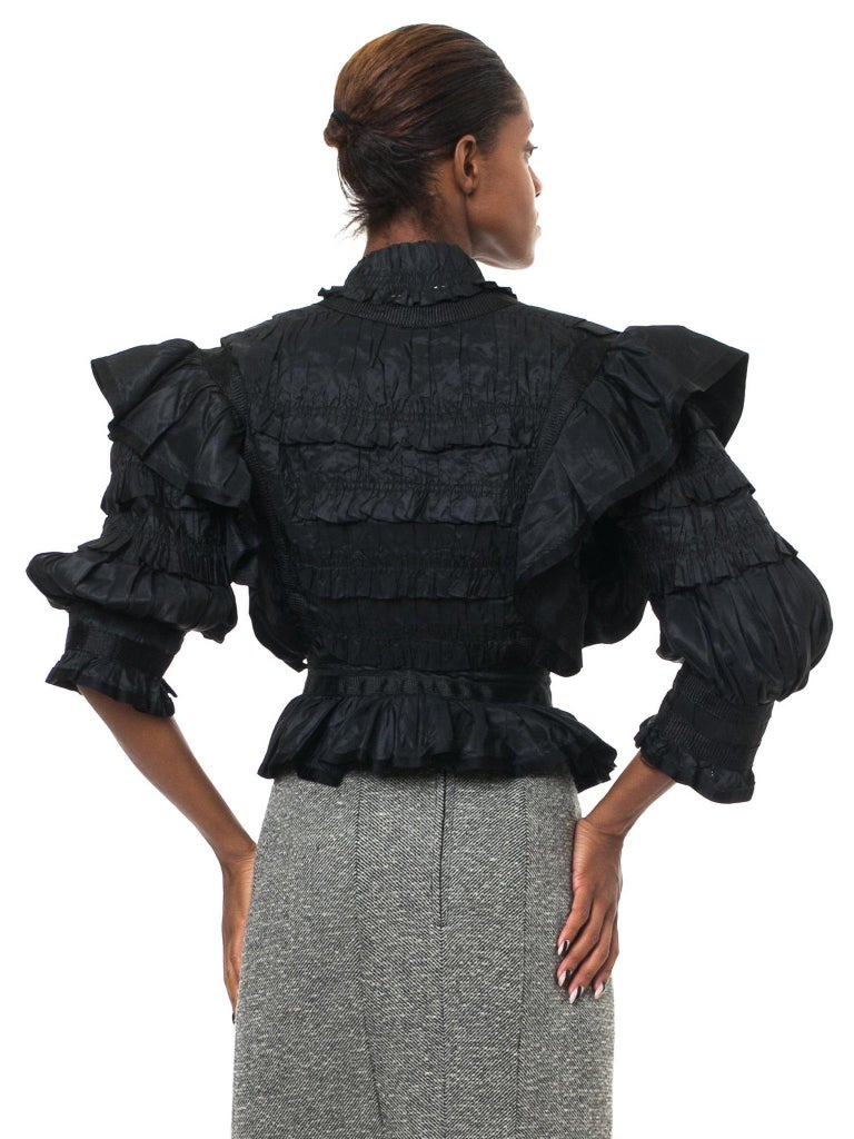 Edwardian Black Silk Taffeta Dramatic Ruffled Puff Sleeve Blouse Some ...