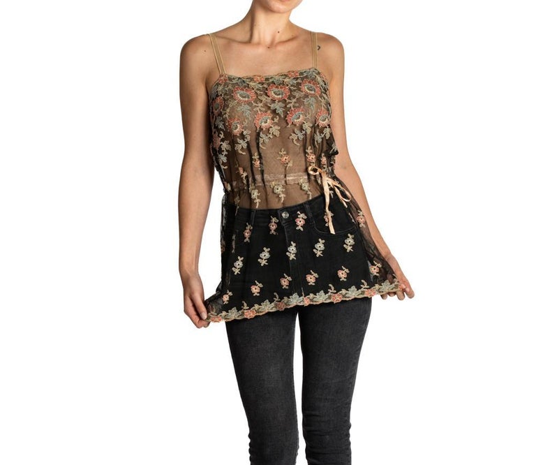 Edwardian Black Silk Tulle Top Embroidered With Pink and Green Flowers ...