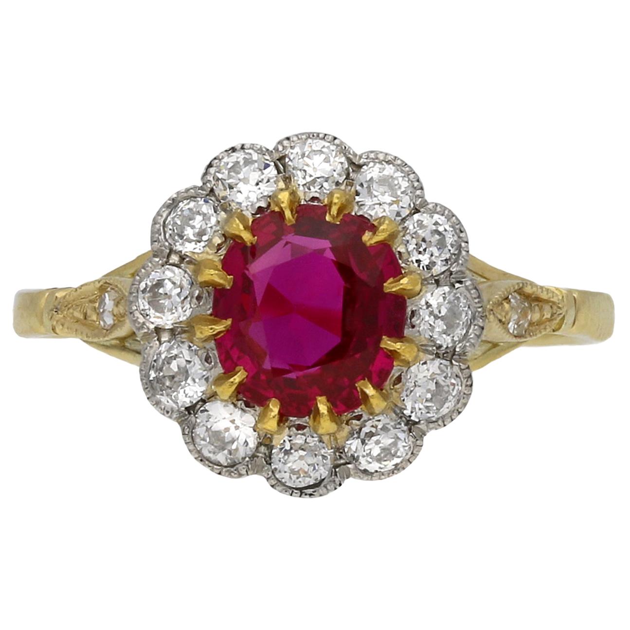 Fine Burma ruby diamond Platinum halo ring at 1stDibs