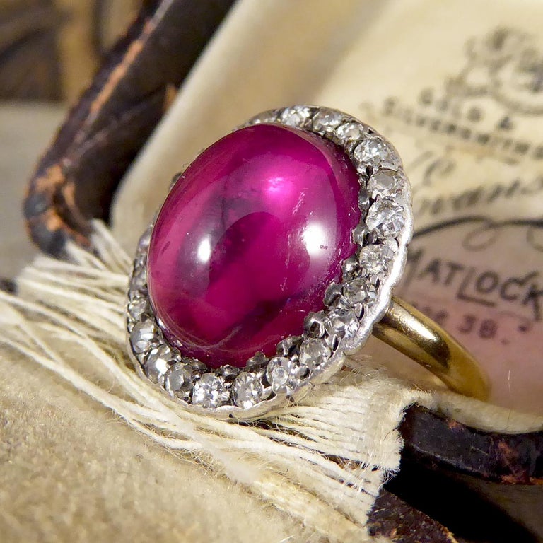 Edwardian Cabochon Crown Synthetic Ruby and Diamond Cluster Ring in 18 ...