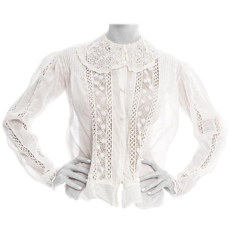 Edwardian White Cotton Voile and Lace Button Front Blouse Made In New ...