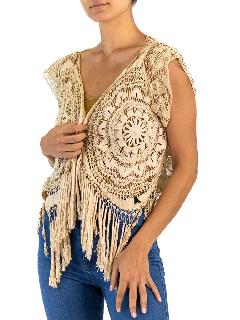 Edwardian Cream Hand Crochet Cotton Cardigan With Fringe For Sale at ...