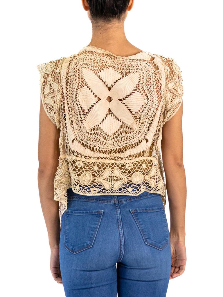 Edwardian Cream Hand Crochet Cotton Cardigan With Fringe For Sale at ...