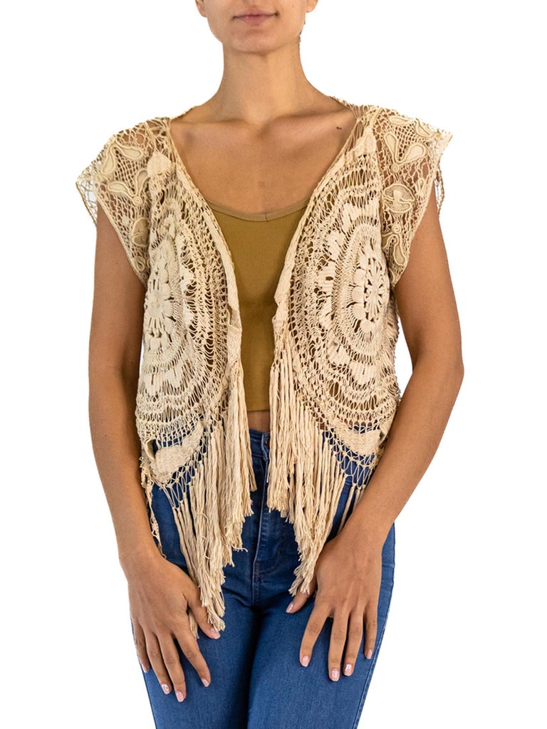 Edwardian Cream Hand Crochet Cotton Cardigan With Fringe For Sale at ...