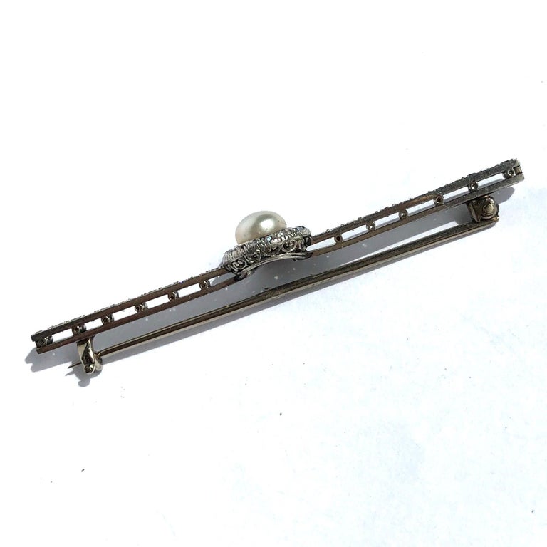 Edwardian Diamond and Pearl 18 Carat White Gold Bar Brooch at 1stDibs