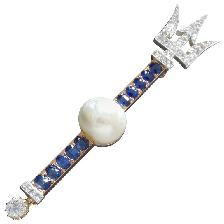 Edwardian Diamond Blue Sapphire Natural Blister Pearl Nautical Trident ...