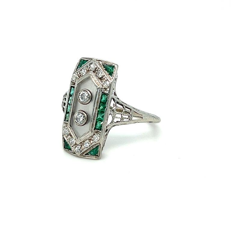 Edwardian Diamond, Emerald, Quartz Plaque Ring 18K White Gold For Sale ...