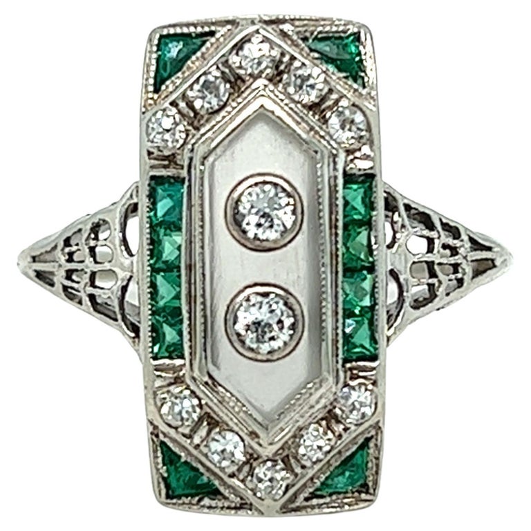 Edwardian Diamond, Emerald, Quartz Plaque Ring 18K White Gold For Sale ...