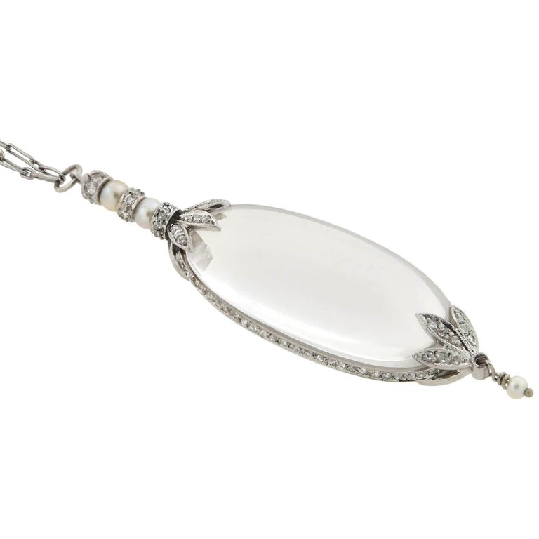 Edwardian Diamond Pearl Chain and Rock Crystal Pendant Necklace at 1stDibs