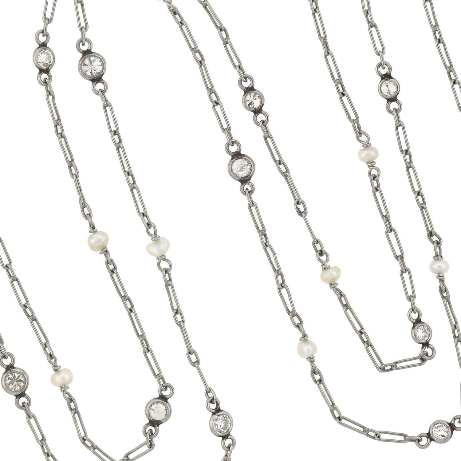 Edwardian Diamond Pearl Chain and Rock Crystal Pendant Necklace at 1stDibs