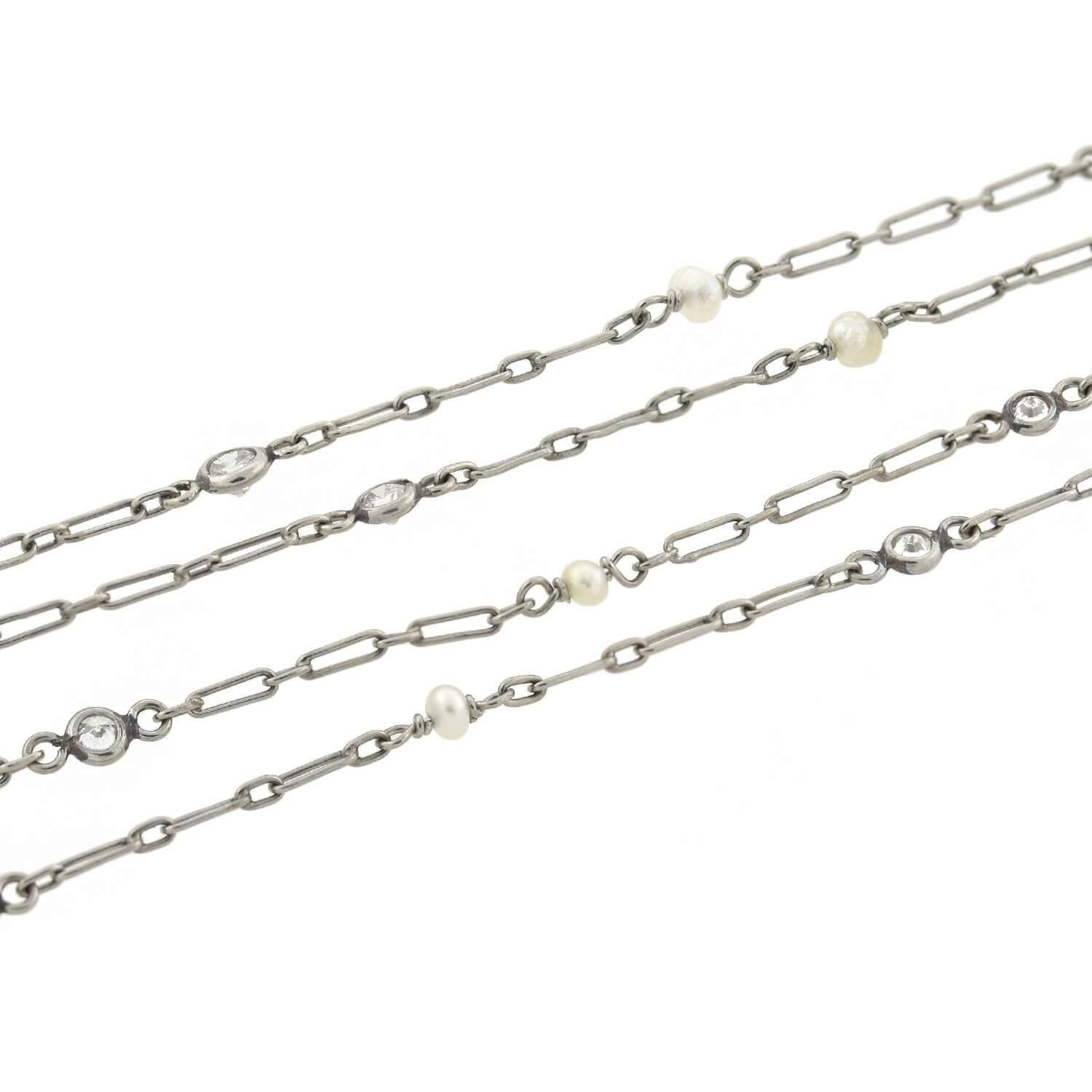 Edwardian Diamond Pearl Chain and Rock Crystal Pendant Necklace at 1stDibs