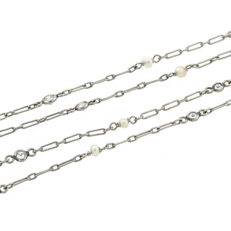Edwardian Diamond Pearl Chain and Rock Crystal Pendant Necklace at 1stDibs
