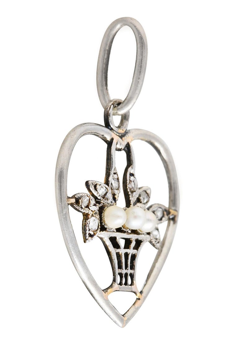 Edwardian Diamond Pearl Platinum-Topped 18 Karat Gold Floral Heart ...