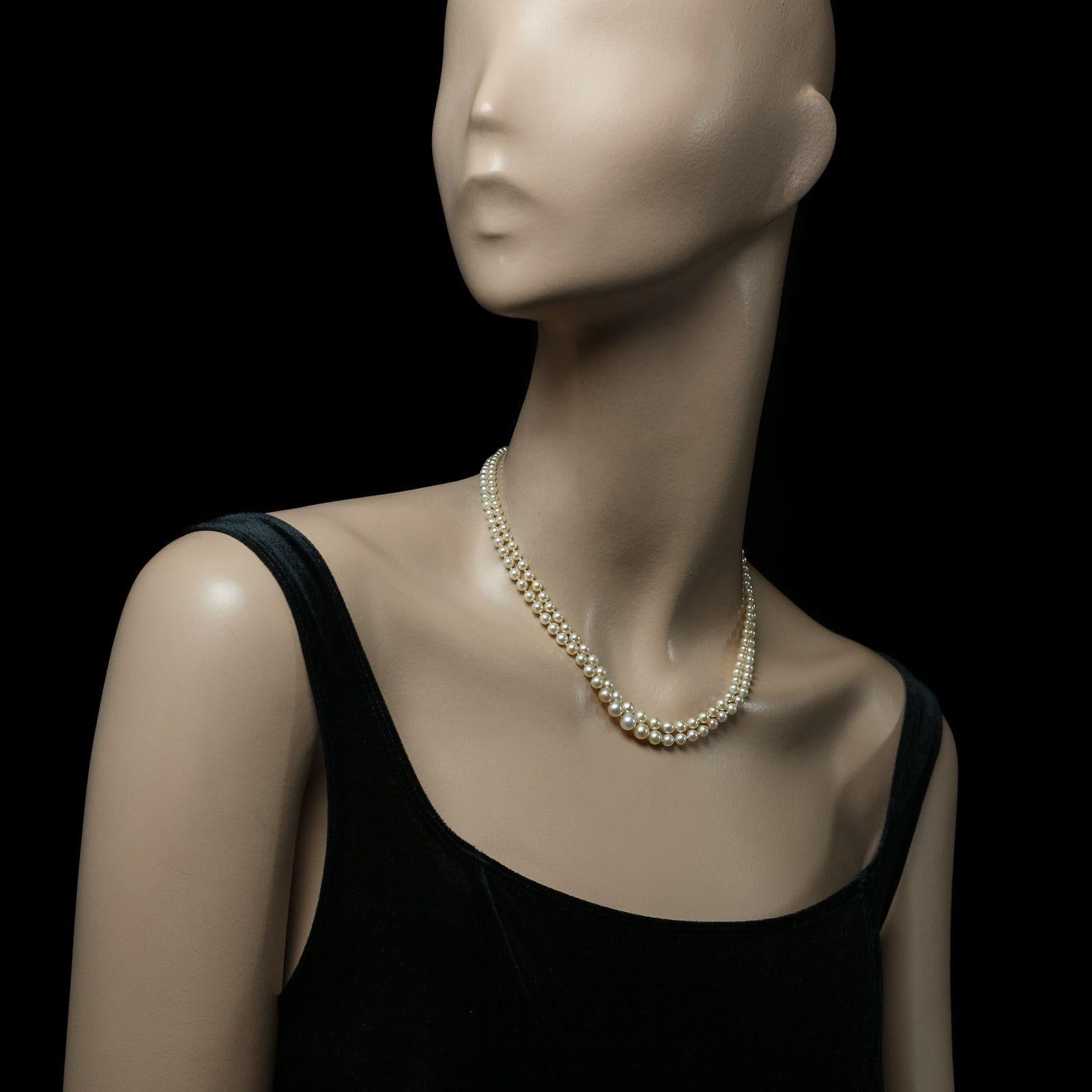 Edwardian Double Row of Natural Pearl Necklace with Emerald and Diamond ...
