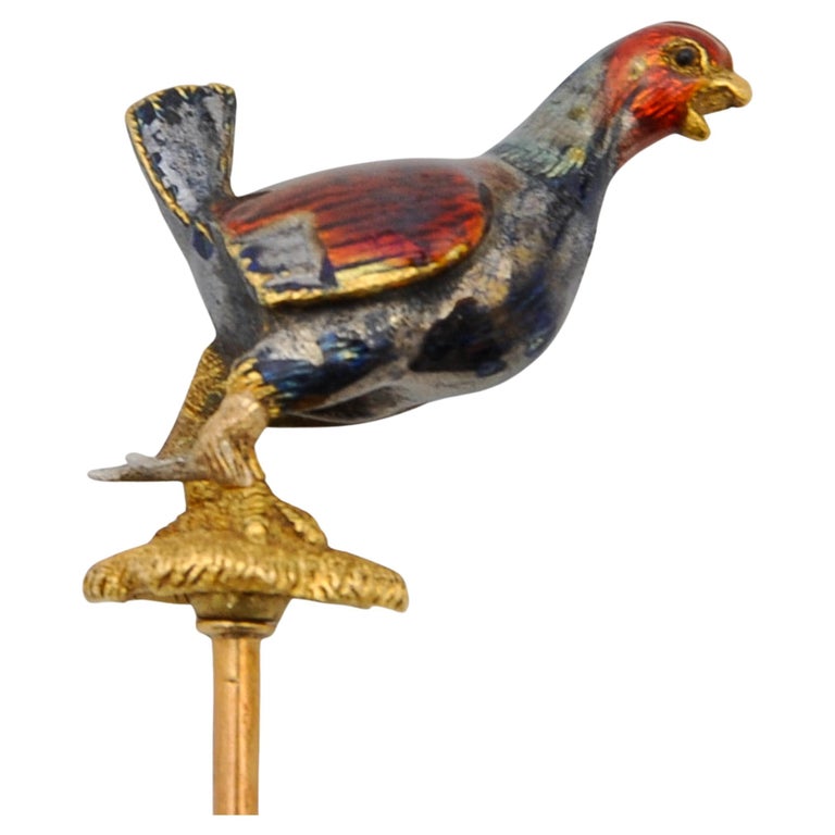 Edwardian Enameled Chicken 18K Gold Tie Stick Pin For Sale at 1stDibs