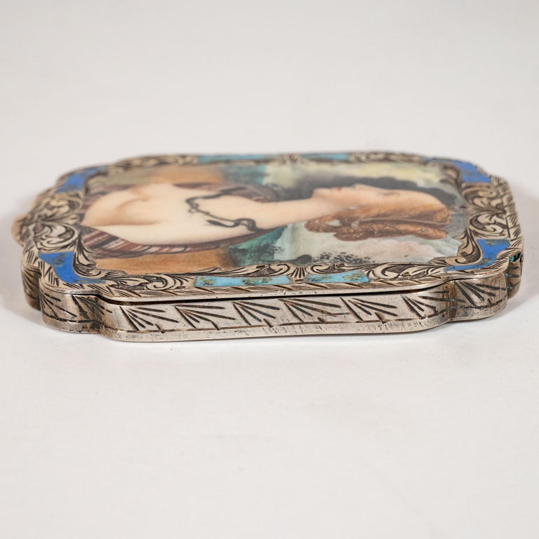 Edwardian Engraved Silver and Hand Painted Enamel Compact Portrait ...