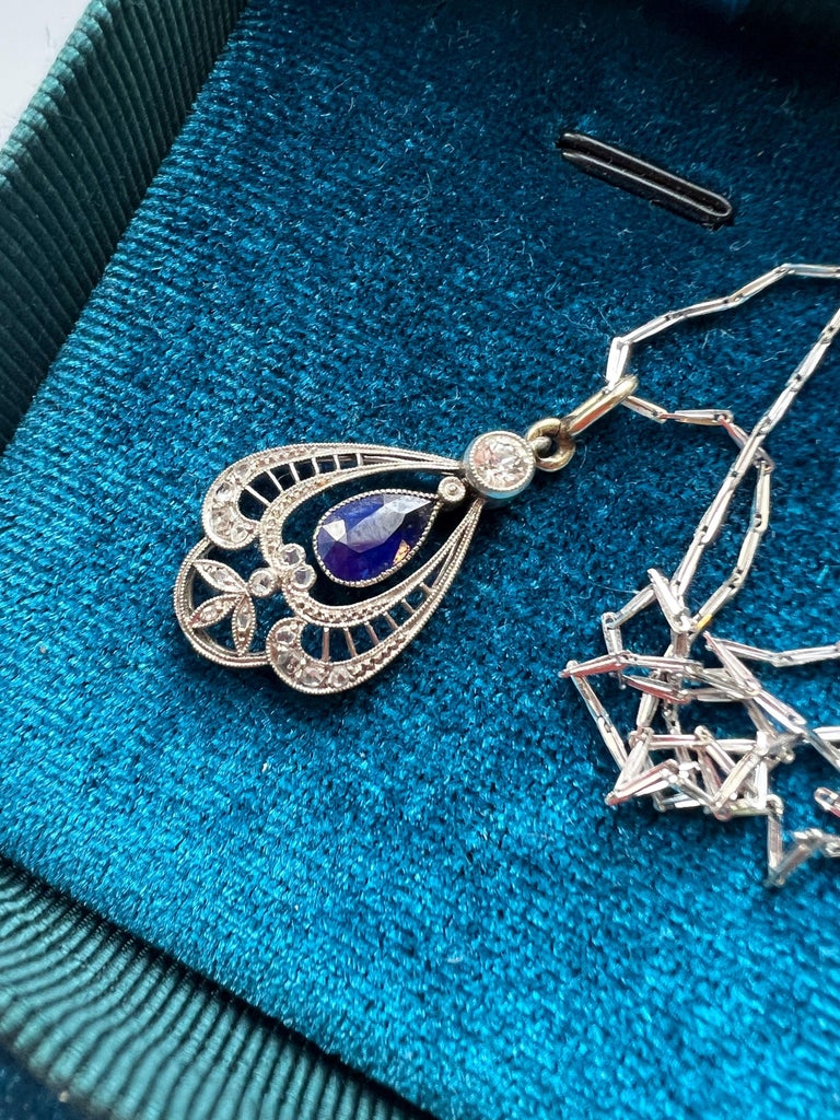 Edwardian Era Belle Époque Platinum 18K Gold Diamond Blue Sapphire ...
