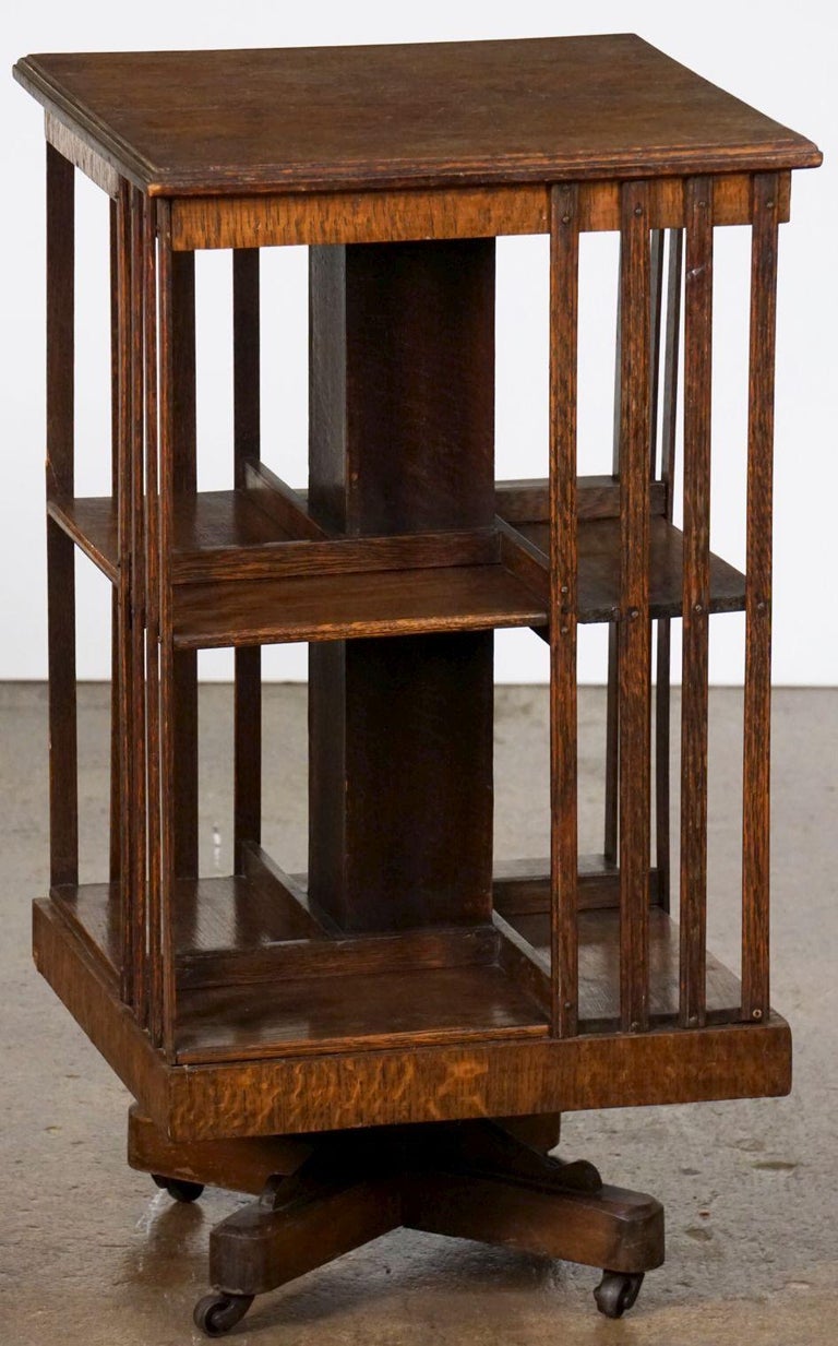Edwardian-Era Revolving Bookcase or Library Stand of Oak on Rolling ...