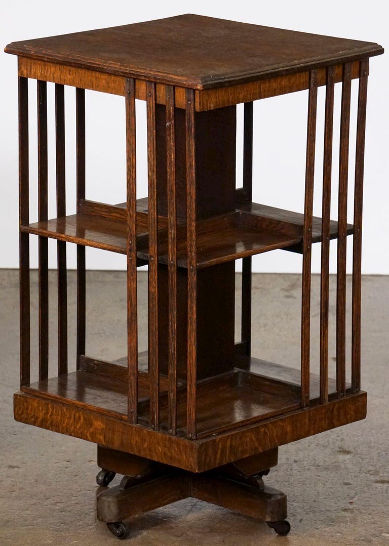 Edwardian-Era Revolving Bookcase or Library Stand of Oak on Rolling ...