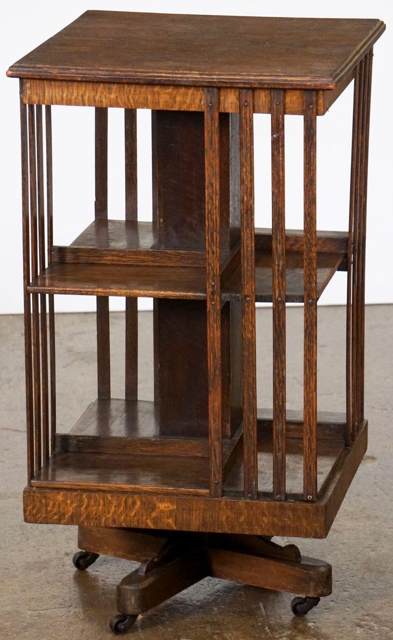 Edwardian-Era Revolving Bookcase or Library Stand of Oak on Rolling ...