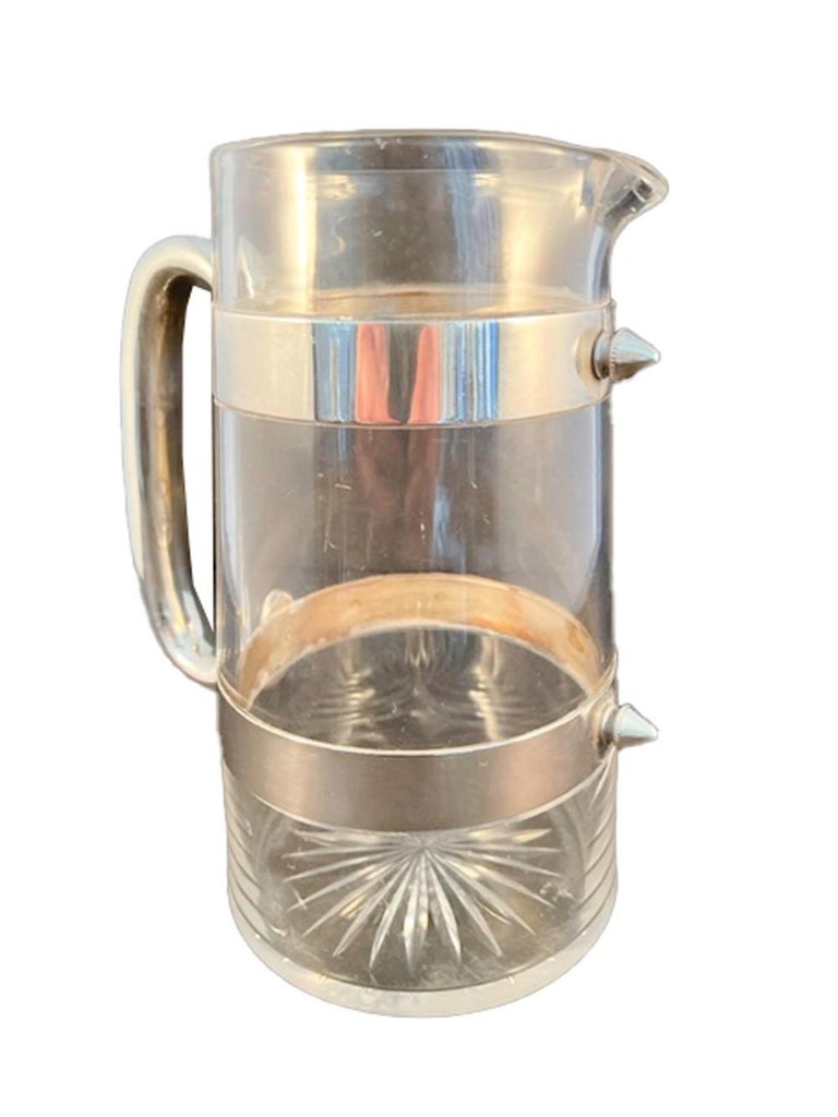 Edwardian Glass Water / Cocktail Pitcher with Silver Plate Bands and ...