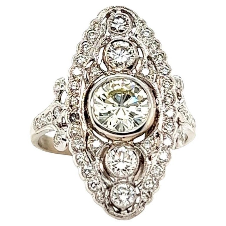 Edwardian Inspired French GIA 0.93 Carat Diamond Platinum Navette ...