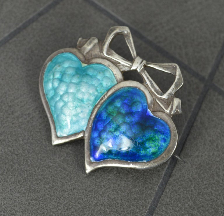 Edwardian James Fenton Sterling Silver and Enamel Double Heart Brooch ...