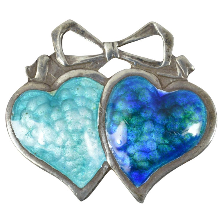 Edwardian James Fenton Sterling Silver and Enamel Double Heart Brooch ...