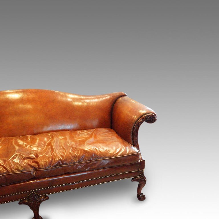 Edwardian mahogany grade 1 leather camel back sofa, Circa 1910 at 1stDibs